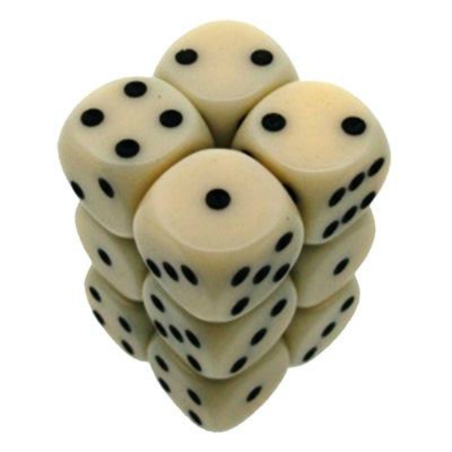 Ivory with Black Opaque Dice Block 12 d6 Dice Chessex