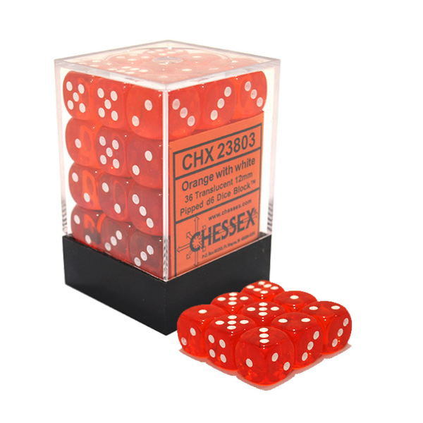 Orange with White Translucent 12mm Pipped d6 Dice Block 36 Chessex CHX23803